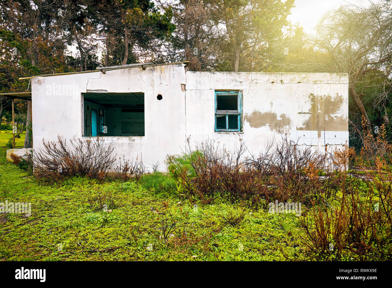 Exterior of an abandoned old white concrete house in the forest Stock ...