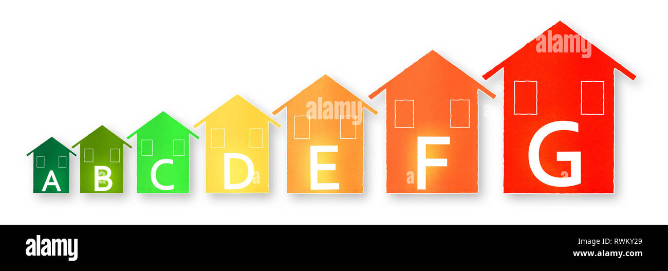 Energy Efficiency - Concept image with colored houses isolated on white ...