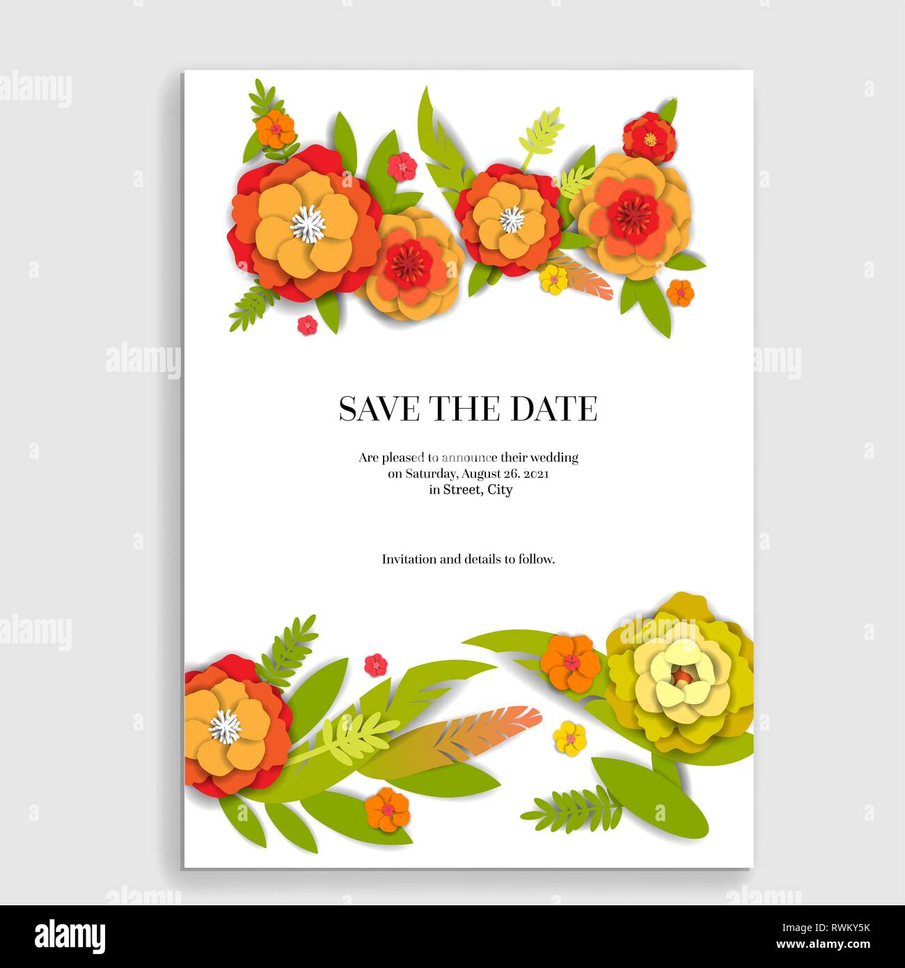 Wedding invitation floral card. Paper cut flowers for decor, realistic ...