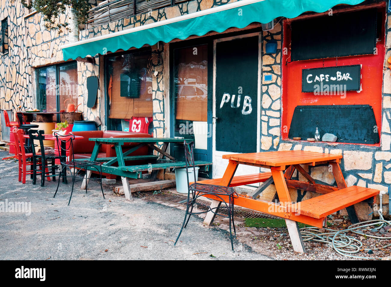 Exterior of a rural vintage cafe bar pub in Bodrum, Gumusluk, Turkey ...