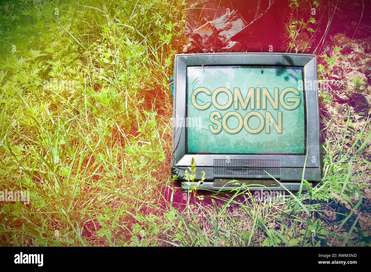Old CRT television with "Coming Soon" written on screen - toned image ...