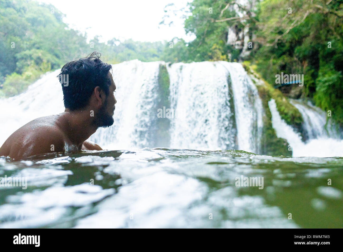 Man Enjoying Tanap Avis Falls Bagui Ilocos Norte Philippines Stock