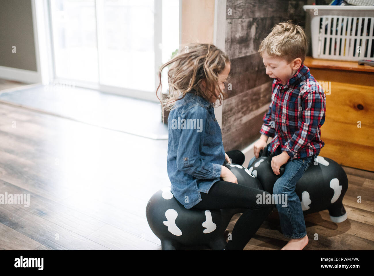 Children playing on inflatable toy at home Stock Photo - Alamy