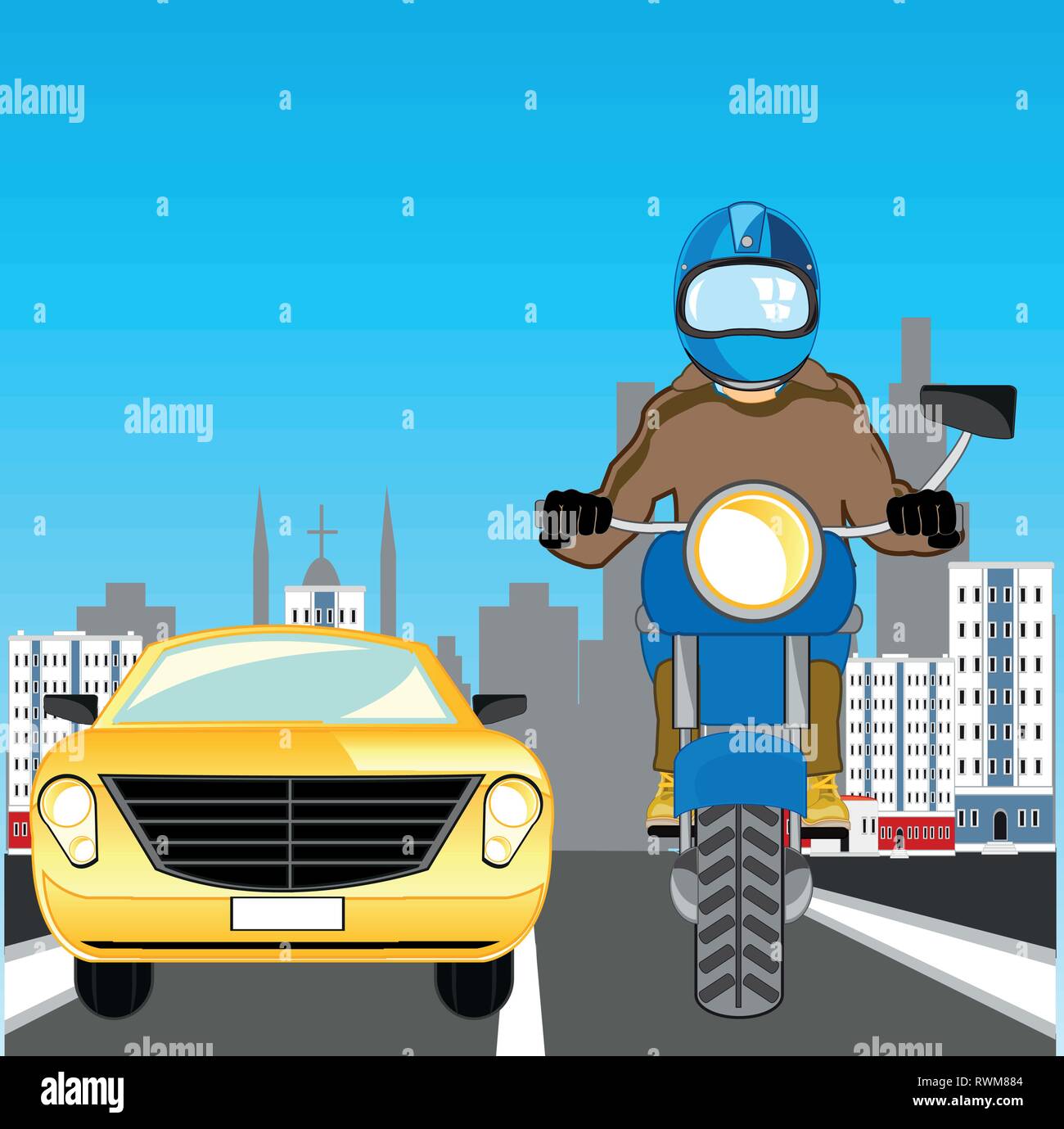Vector illustration of the motorcycle and car moving on town road Stock ...