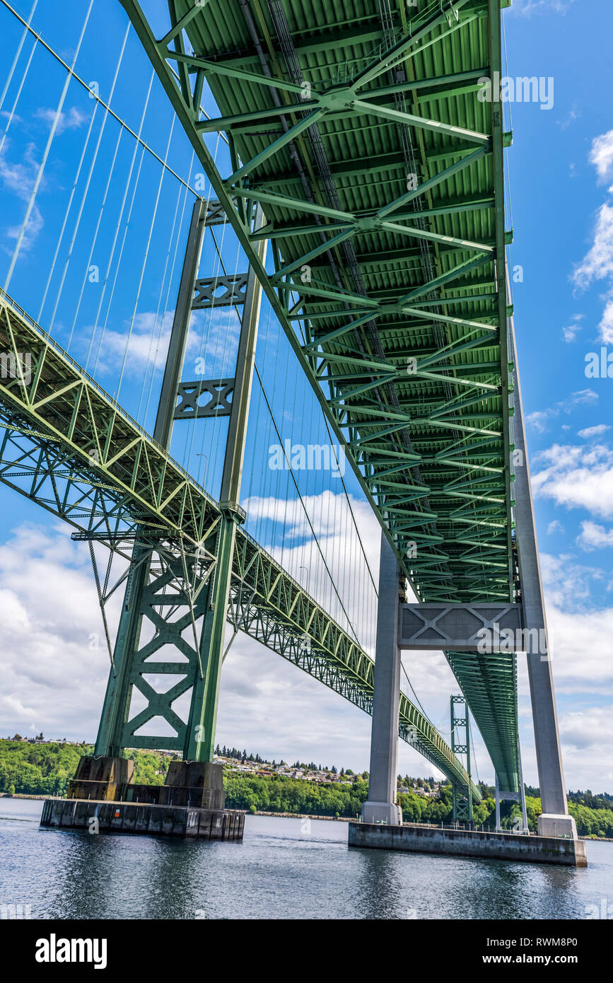A view of the Tacoma Narrows Bridges from the water surface. The ...