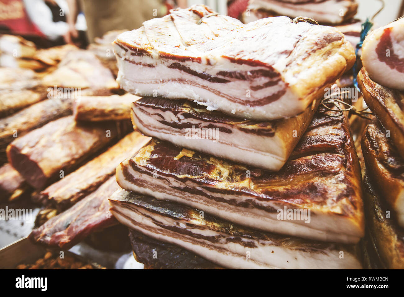 Delicious selection of domestic handmade traditional food. Smoked bacon ...