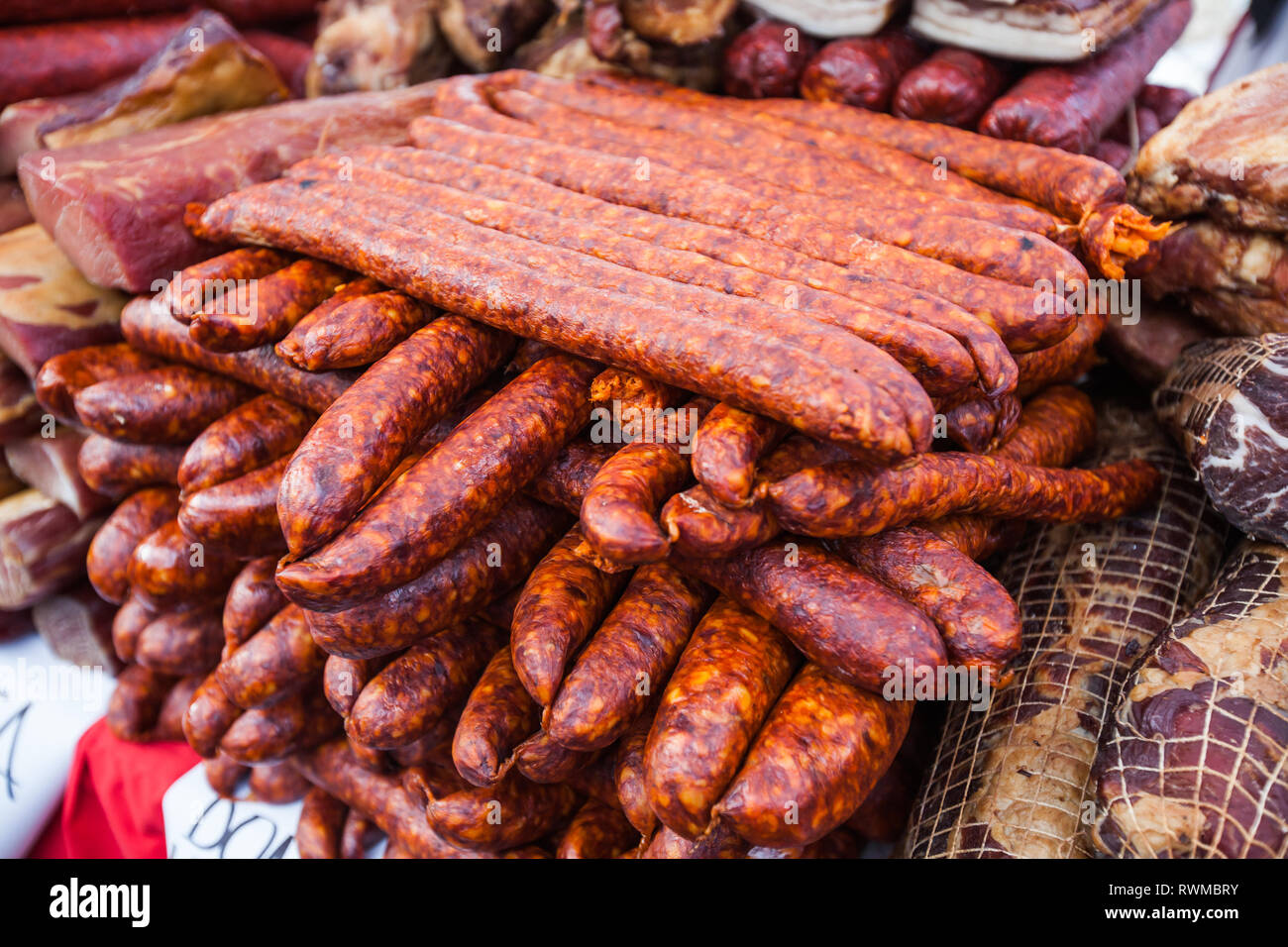 Delicious Smoked salami for sale on local farmers food marketplace ...