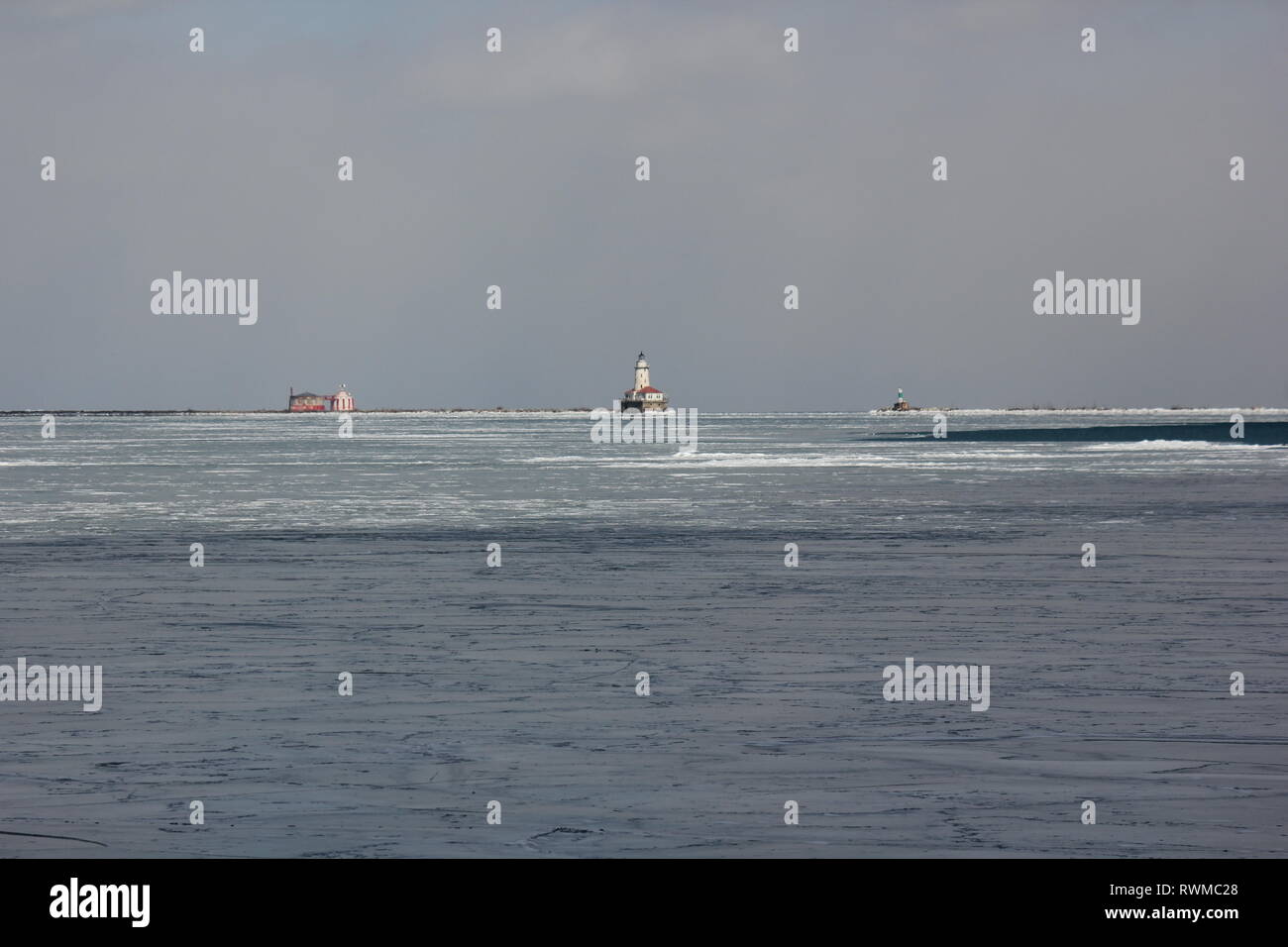 Offshore Lake Michigan lighthouse near Chicago, Illinois during the ...