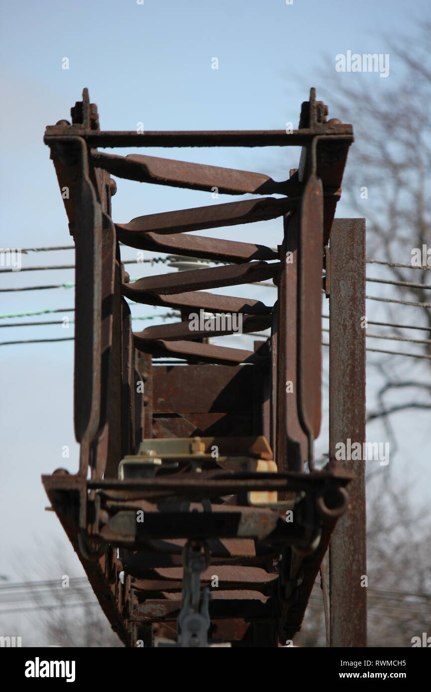 Iron structure above the tracks at the rail yard on the south side of ...