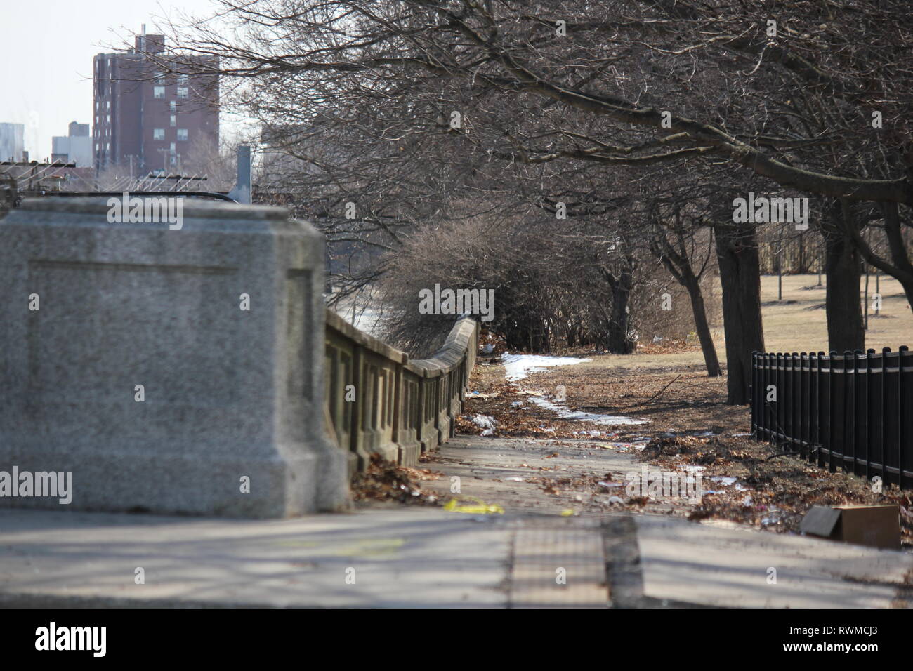 Chicago Park District path along the Rail Road tracks with aged and ...
