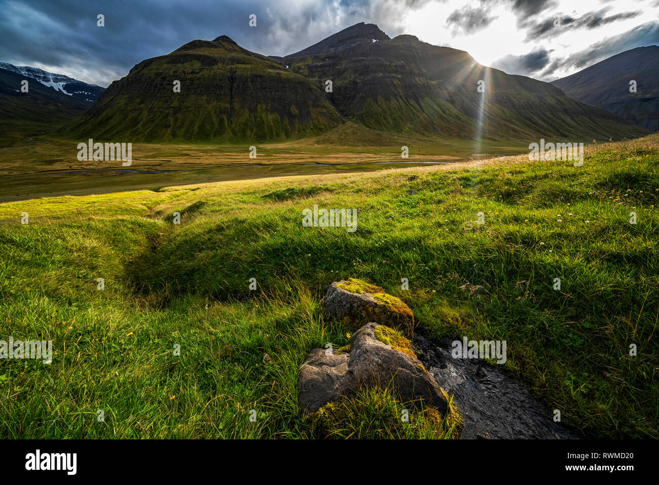 The scenery of the Trollaskagi peninsula in Northern Iceland. Dappled ...