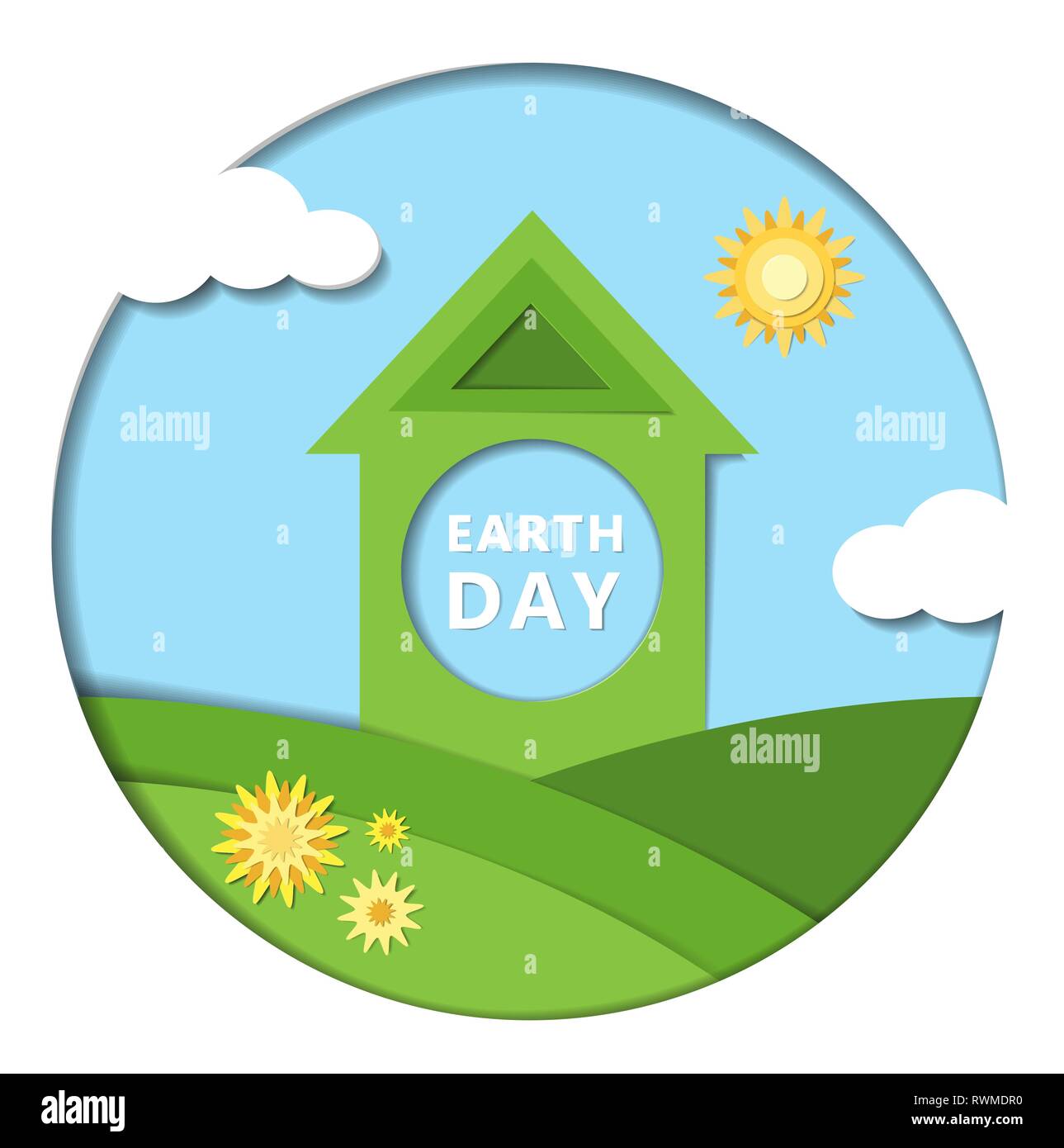 Earth day concept. 22 April. Paper cut design with clouds, sun, flowers ...