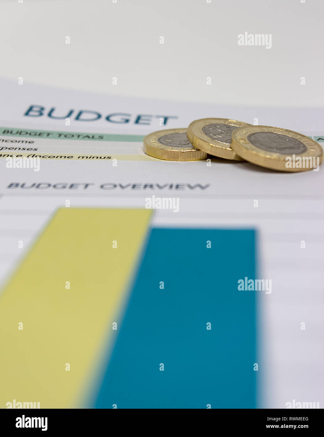 Budget sheet with pound coins on top Stock Photo - Alamy