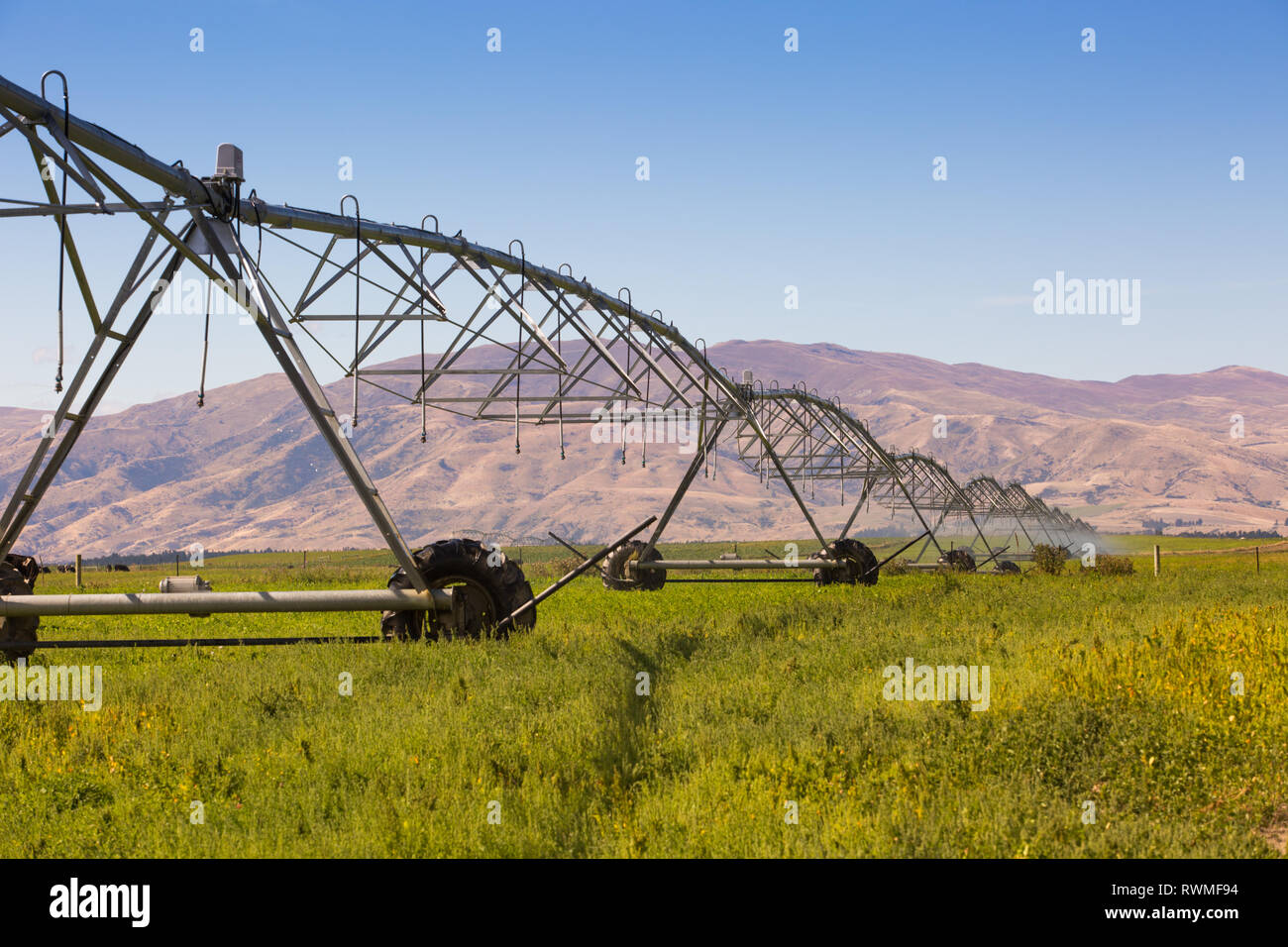 Irrigation system in use on a farm in South Island, New Zealand during ...