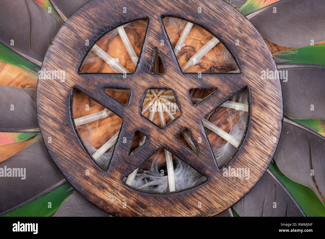 Wooden encircled Pentagram symbol in the middle of a circle made of ...