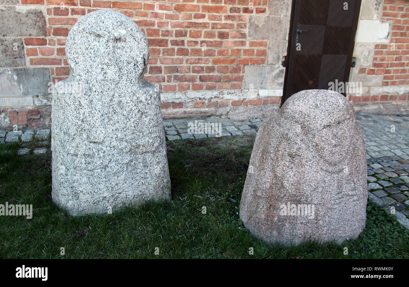 Ancient stone sculptures displayed at Gdansk waterfront in Poland Stock ...