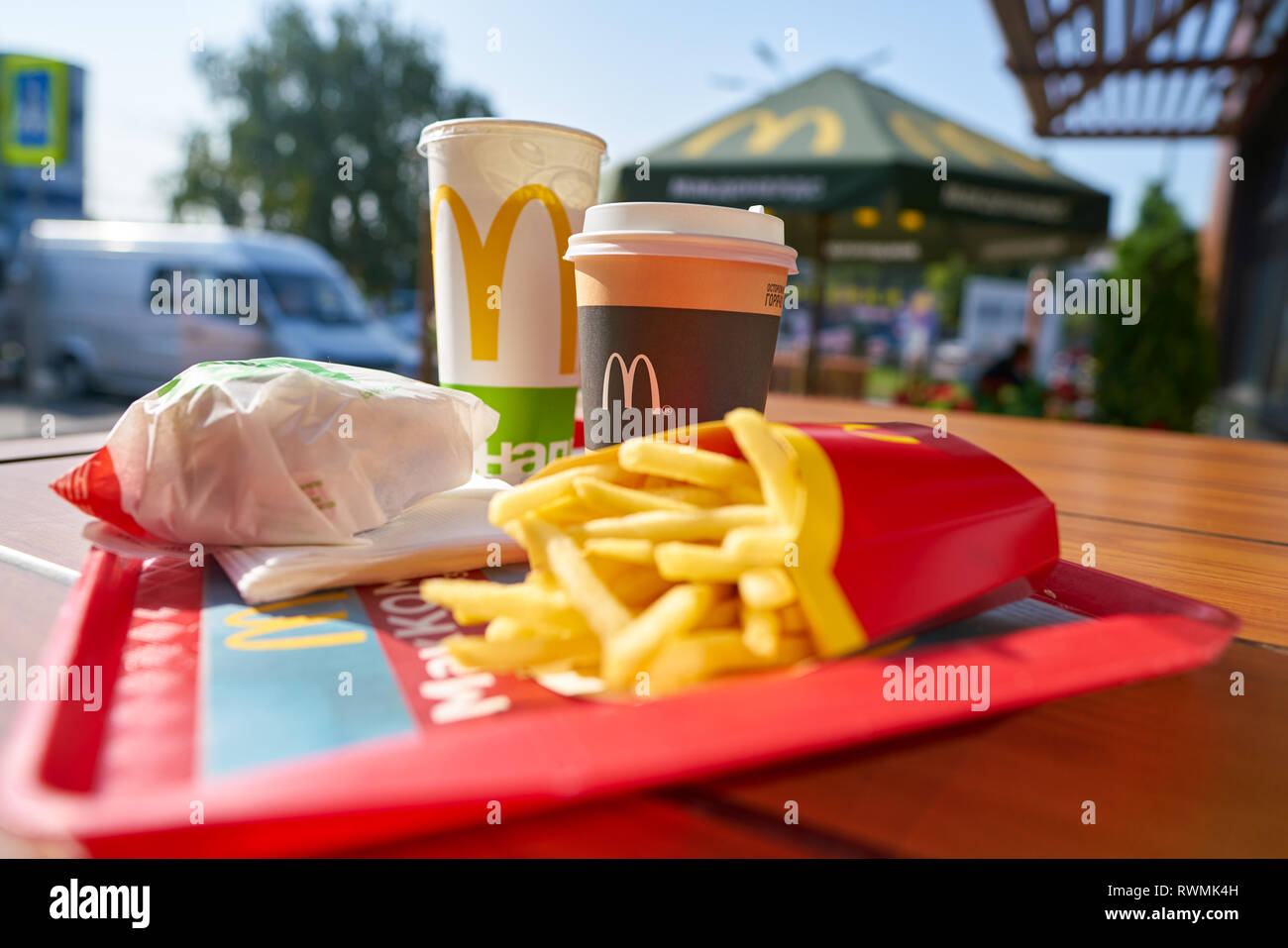 KALININGRAD, RUSSIA - CIRCA SEPTEMBER, 2018: food served on tray at ...