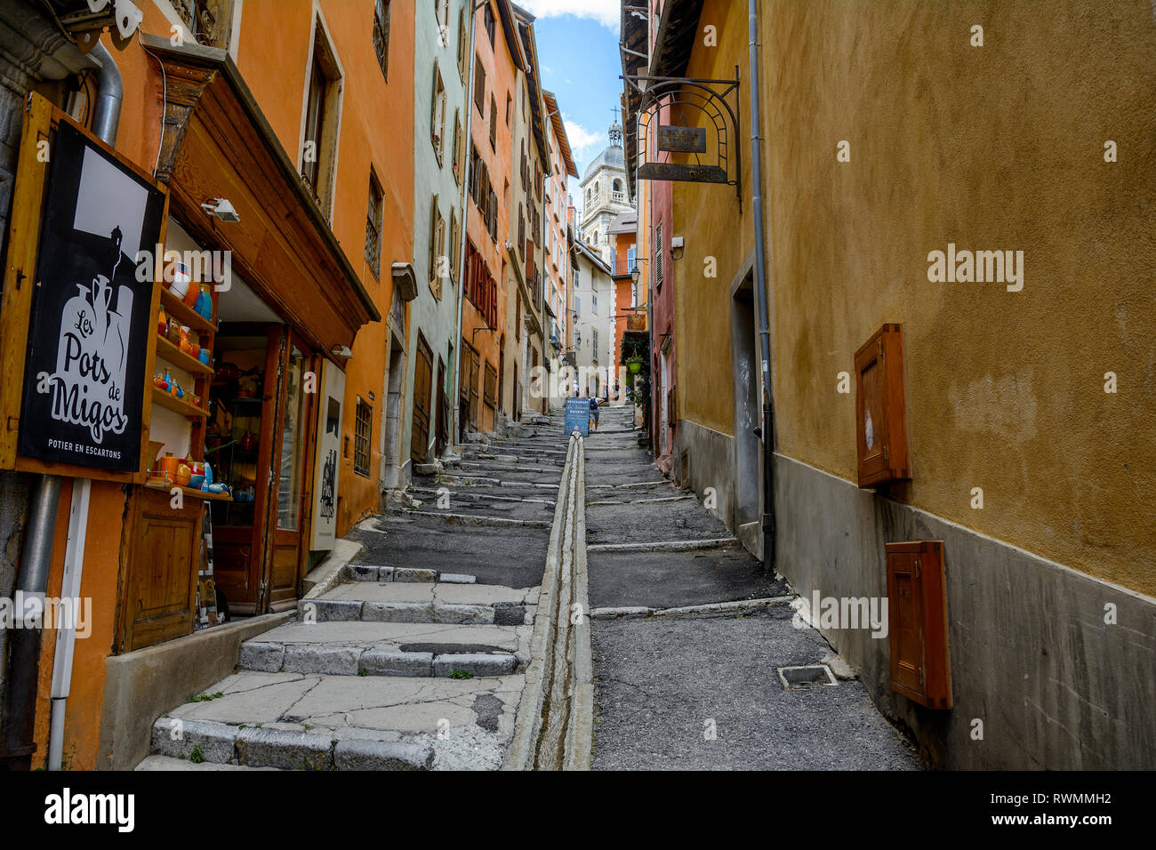 Street in the Old Town of Briancon, the highest town in France ...