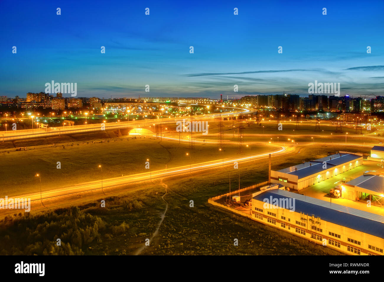 ring road in St. Petersburg at white night, new buildings and high ...