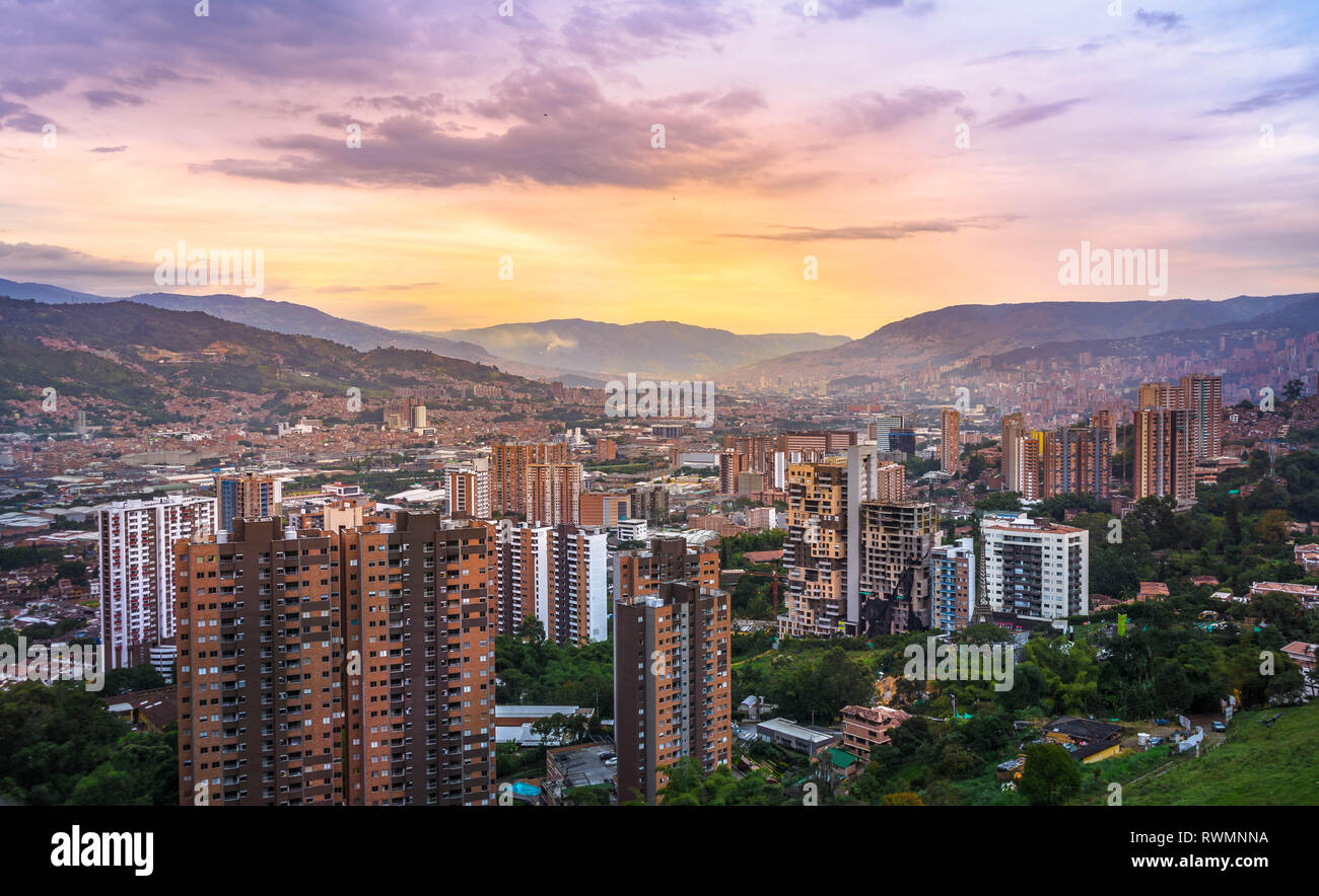 Beautiful sunset in the city of Medellin Colombia on a December ...