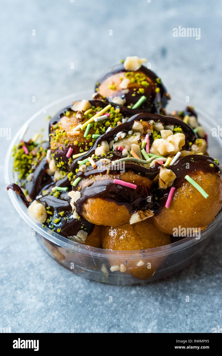 Turkish Dessert Lokma with Chocolate Sauce / Round Fried Dough Balls ...