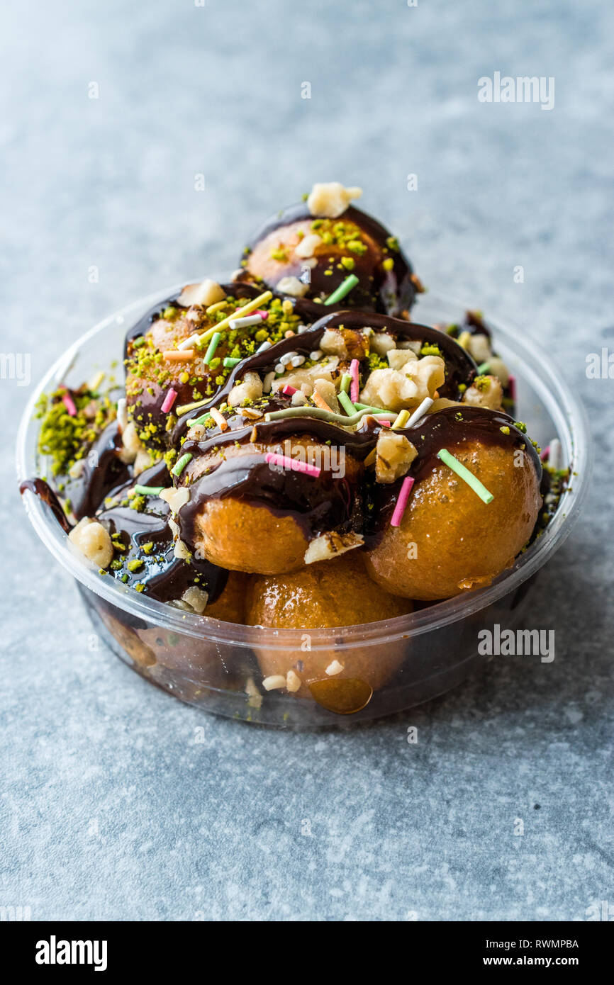 Turkish Dessert Lokma with Chocolate Sauce / Round Fried Dough Balls ...