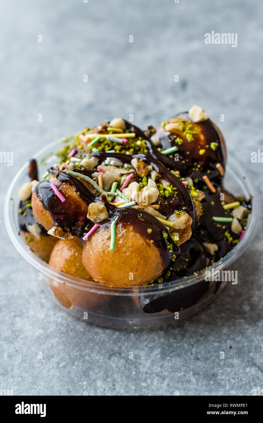 Turkish Dessert Lokma with Chocolate Sauce / Round Fried Dough Balls ...