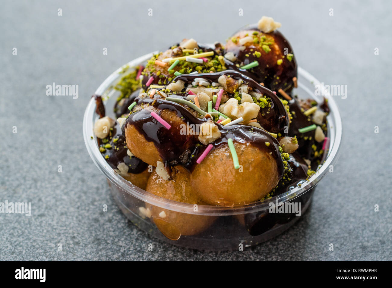 Turkish Dessert Lokma with Chocolate Sauce / Round Fried Dough Balls ...