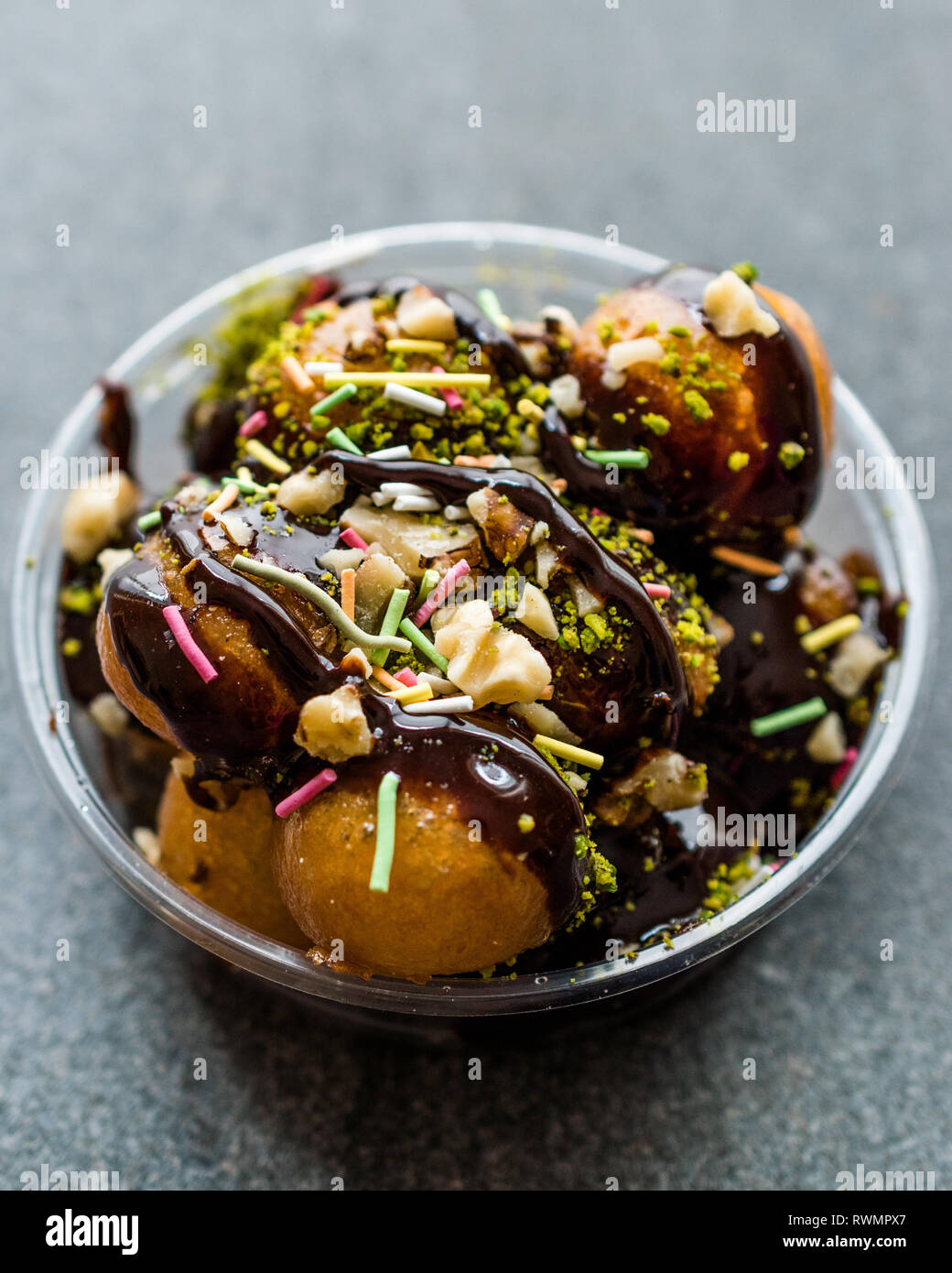 Turkish Dessert Lokma with Chocolate Sauce / Round Fried Dough Balls ...