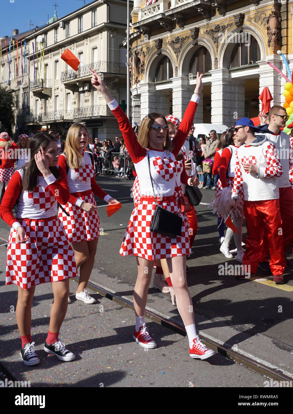 Rijeka, Croatia, March 3rd, 2019. Beautiful girl with national Croatian symbol costume ...