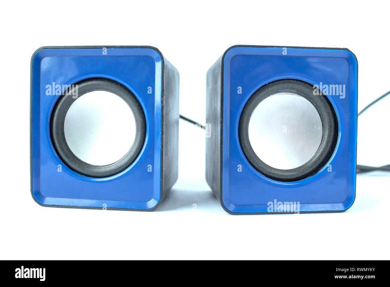 Blue speaker for a computer on a white background close-up Stock Photo ...