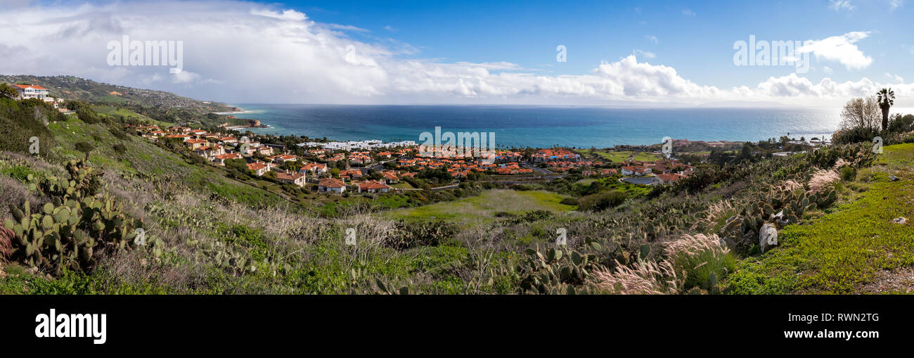 Panorama of Southern California coastline with rolling hills covered ...