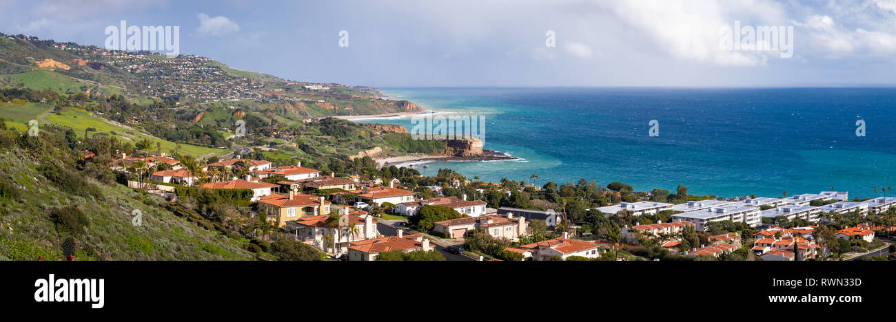 Panorama of Southern California coastline with rolling hills covered ...