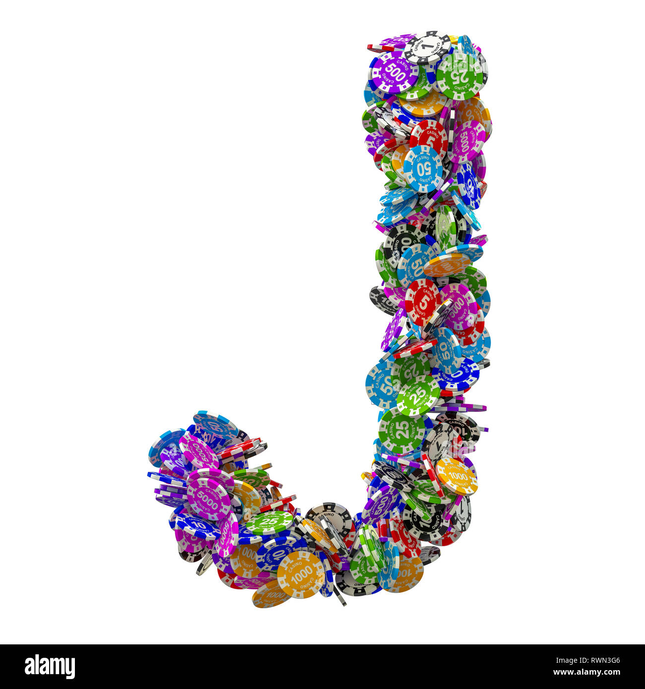 Alphabet letter J from gambling chips. 3D rendering isolated on white ...
