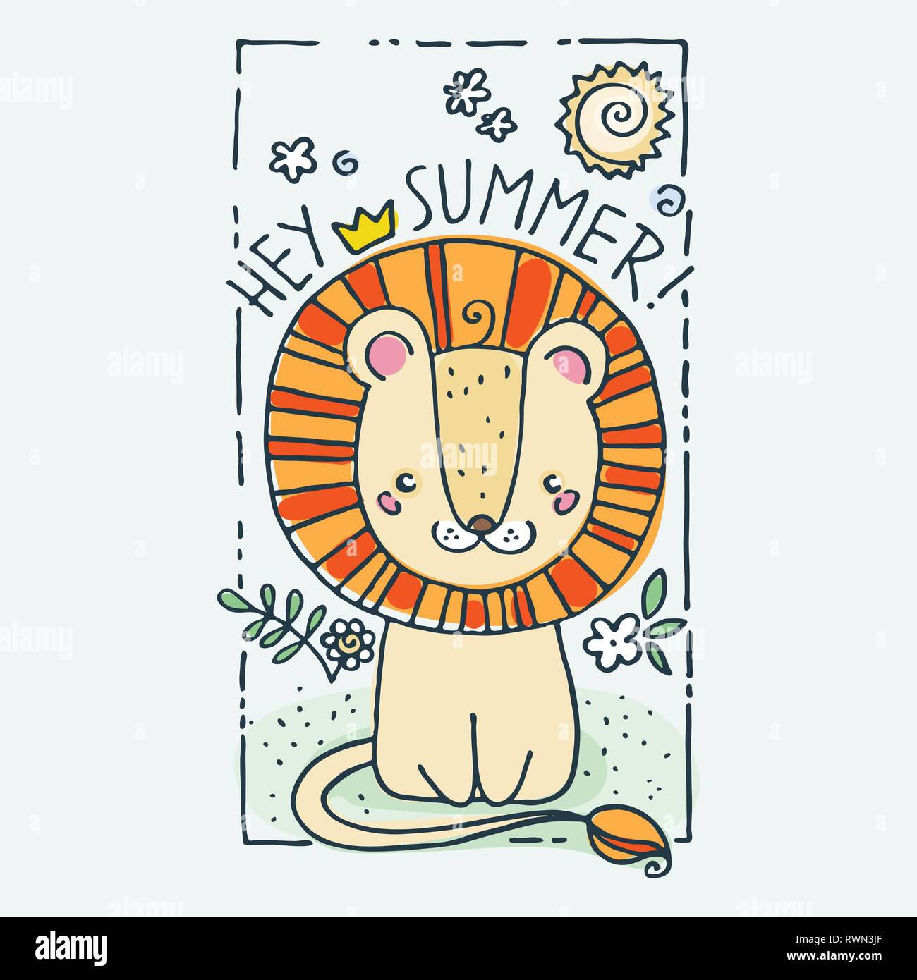 Hey summer. Cute little animal with lettering. Cartoon hand drawn ...