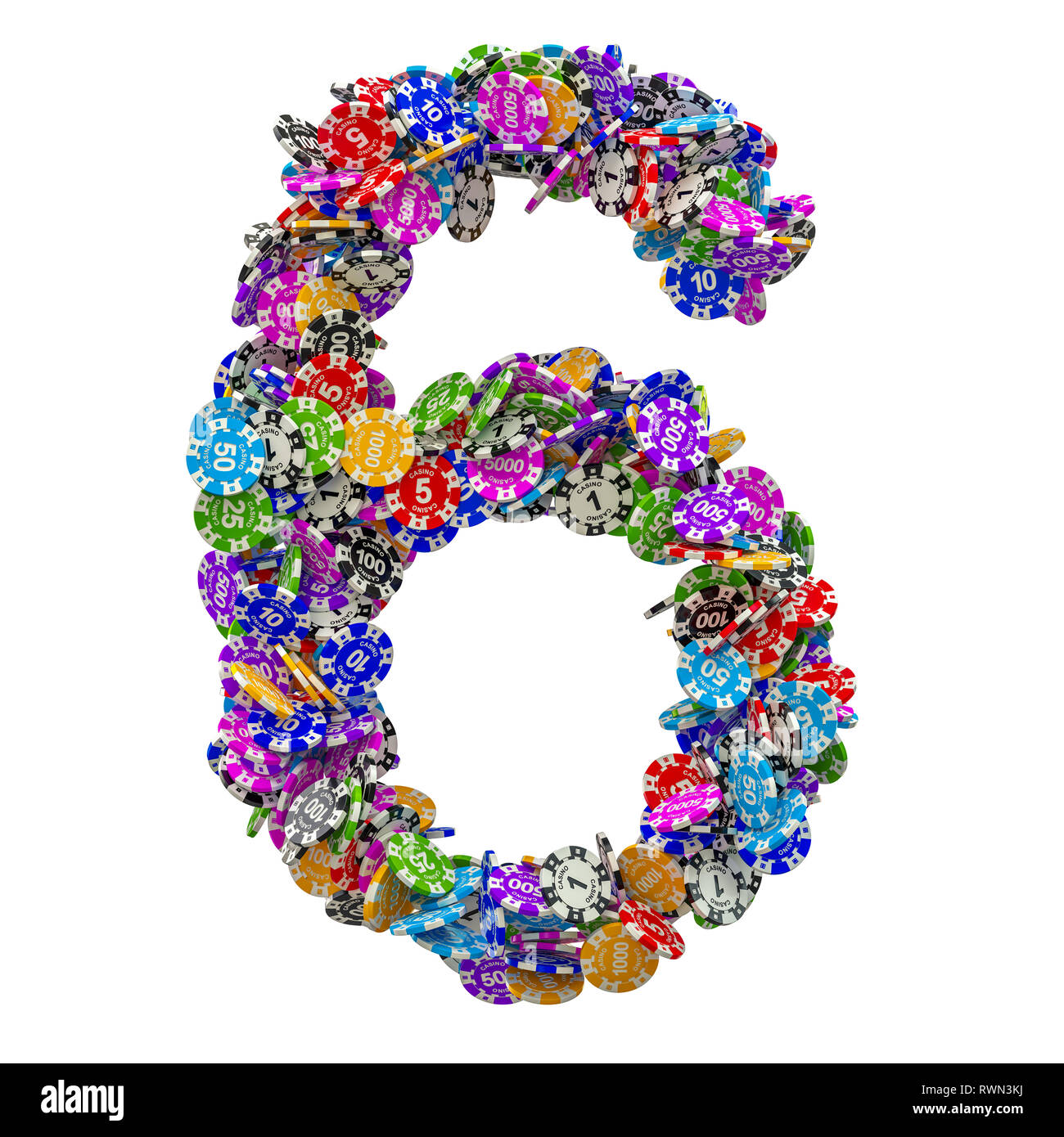 Number 6 from gambling chips. 3D rendering isolated on white background ...