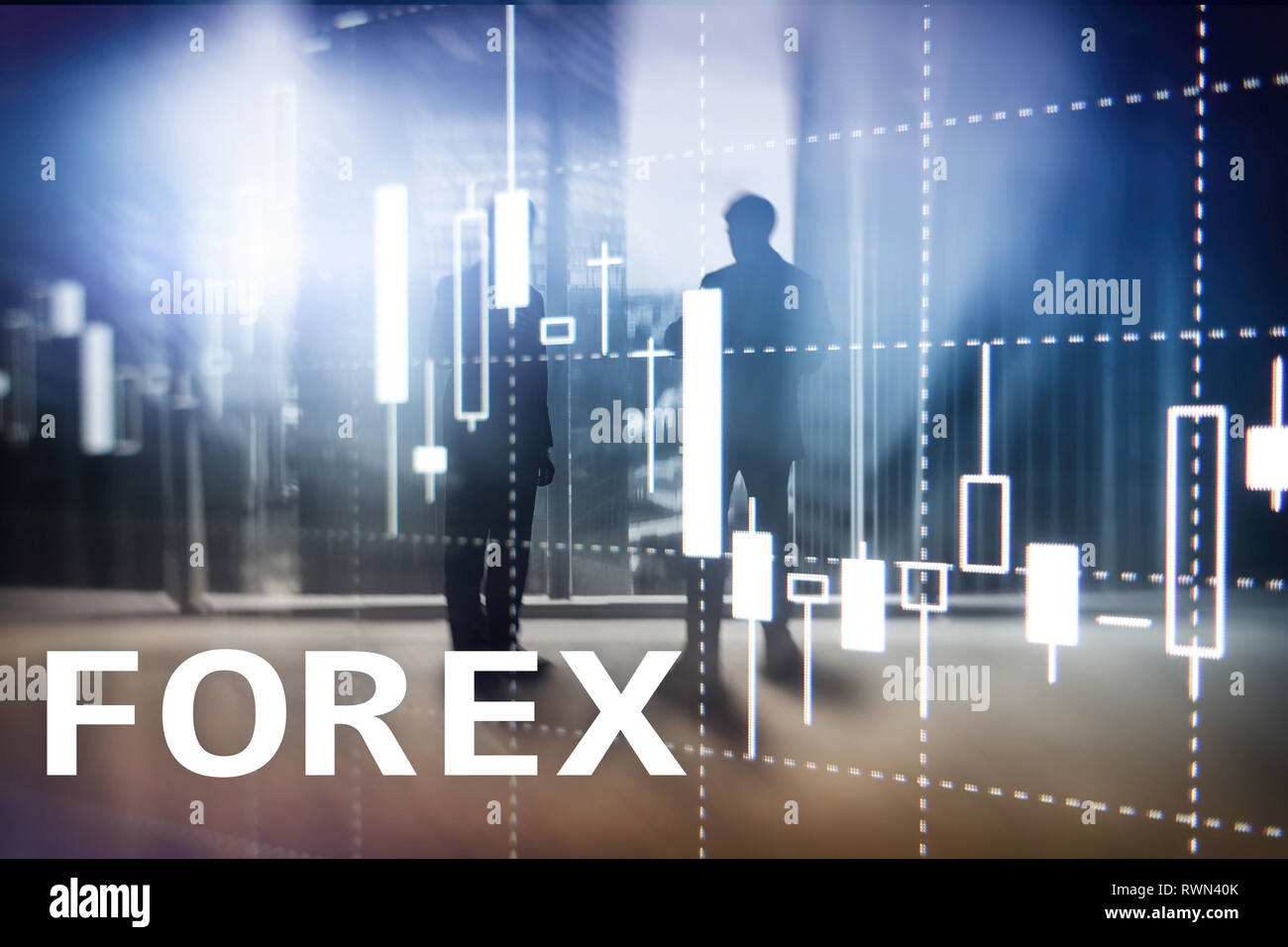 Forex trading, financial candle chart and graphs on blurred business ...
