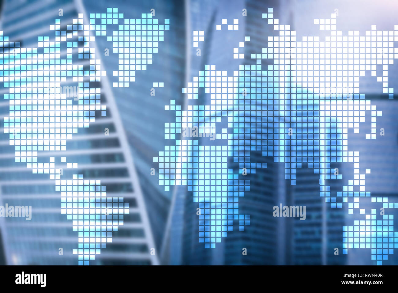 Double exposure world map on skyscraper background. Communication and ...