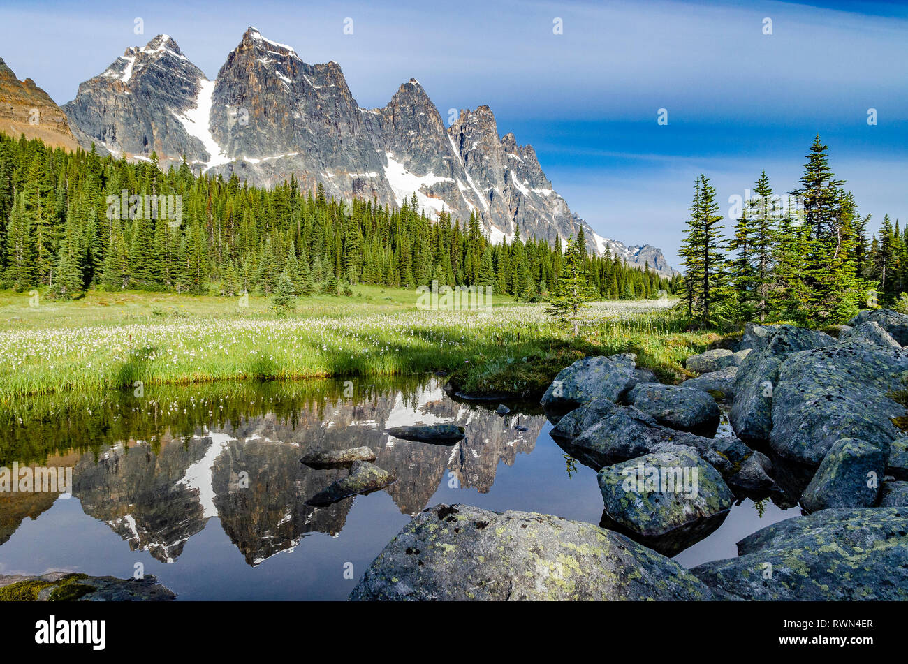 The Ramparts at sunrise, Tonquin Valley trail, Jasper National Park ...