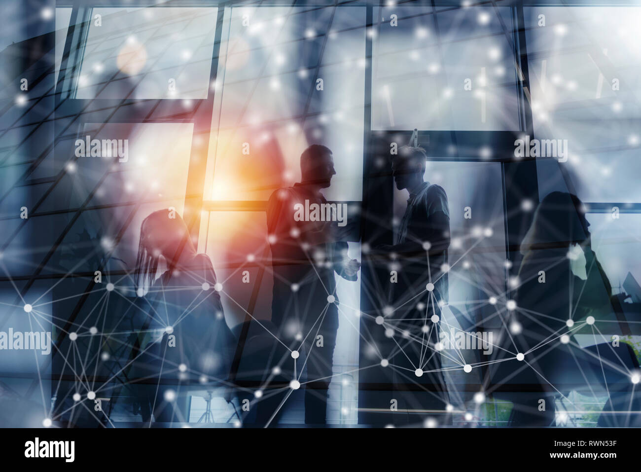 Business people collaborate together in office. Double exposure effects ...