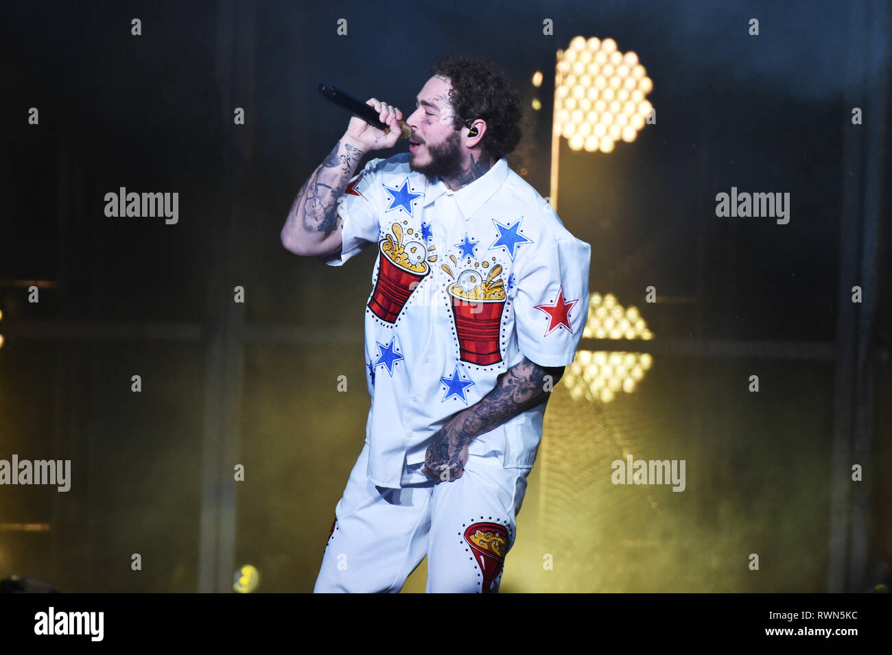 Post Malone performs during the Bud Light Super Bowl LIII Music Fest at ...