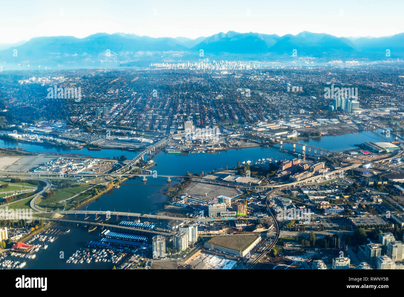 Cityscape of Vancouver with it's waterways, bridges and harbours, and ...