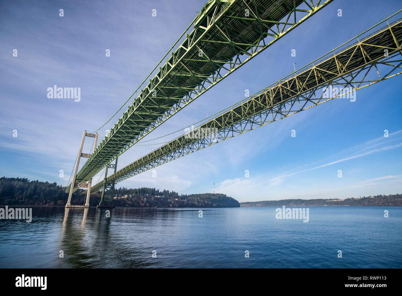 The Tacoma Narrows Bridges from the water surface, looking Northwest ...