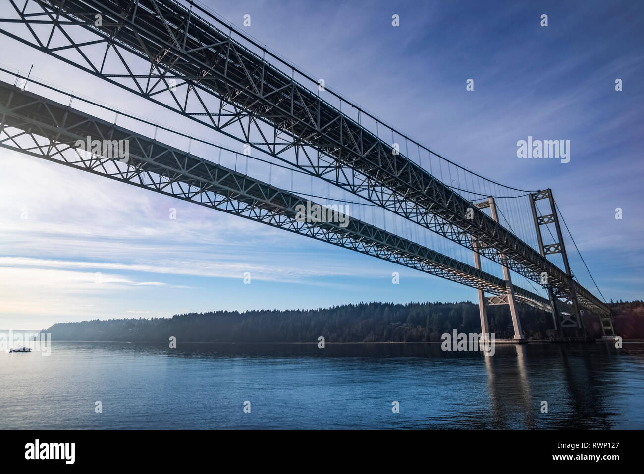 The Tacoma Narrows Bridges from the water surface, looking West toward ...
