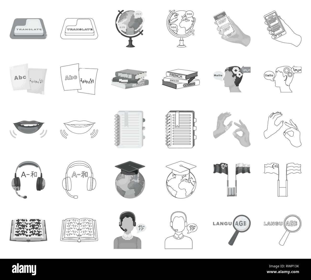 Translator and linguist monochrome,outline icons in set collection for ...