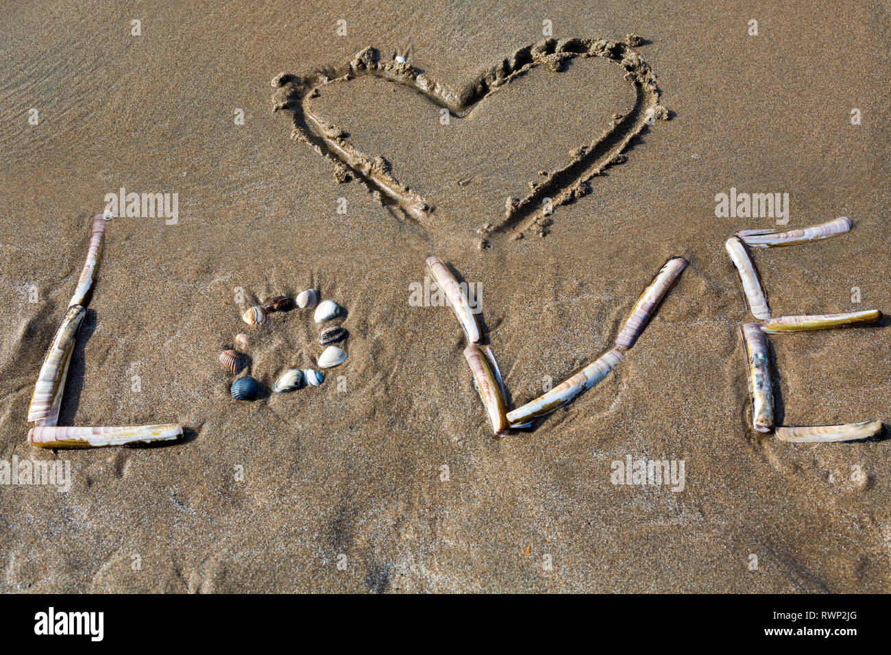 The word 'Love' in the sand created by shells and a heart shape ...