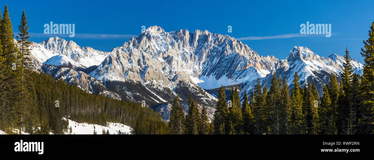 Panorama of a snow-covered mountain range with blue sky; Kananaskis ...