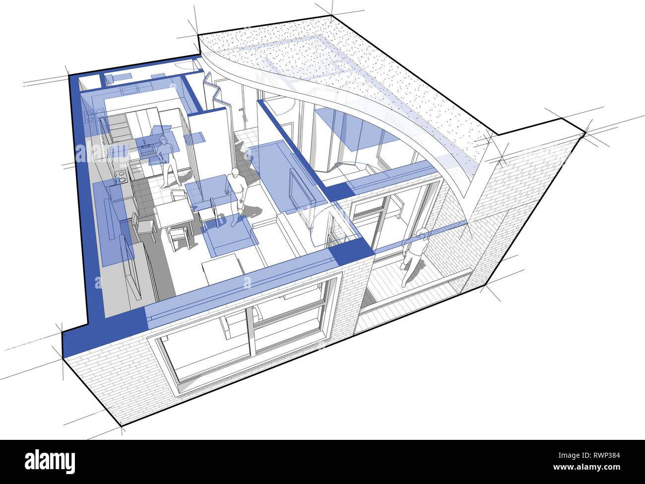 Perspective cutaway diagram of a one bedroom apartment completely ...