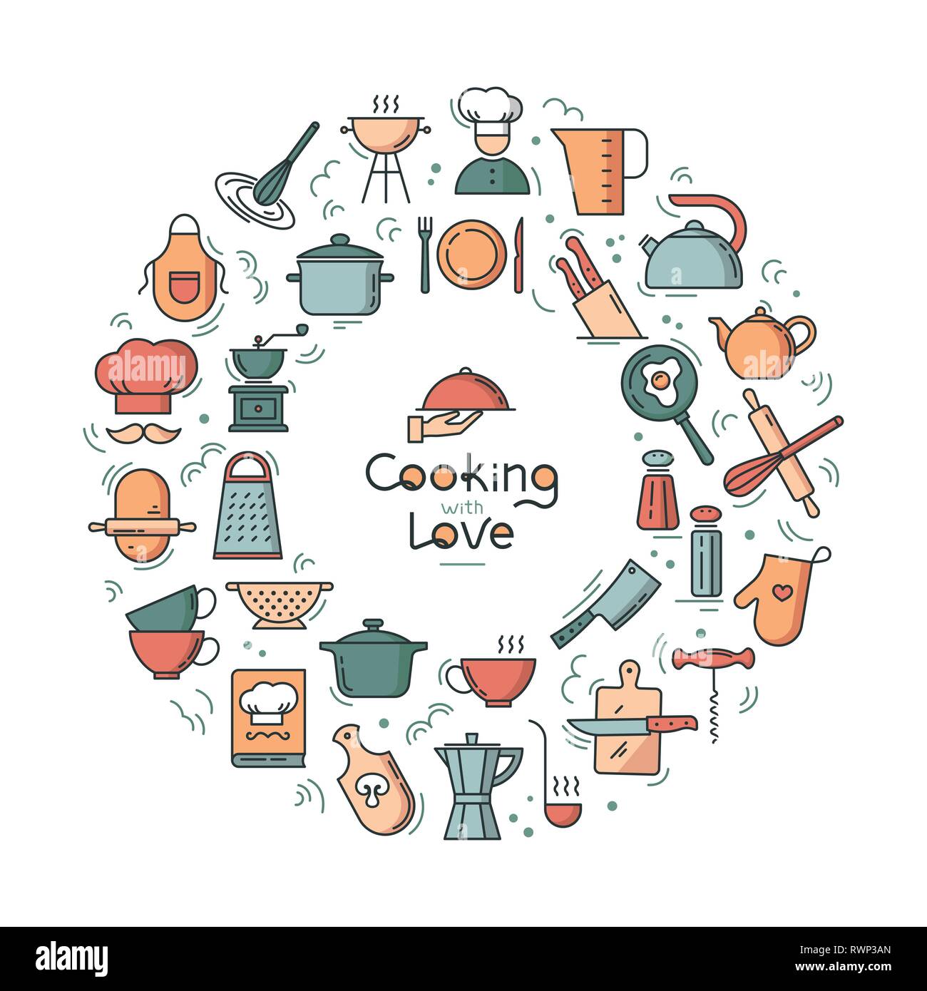 Cooking with love circular Background from icons on the theme of the ...