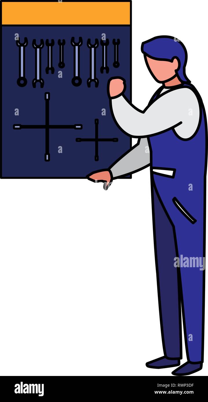 mechanic worker with tools board hanging vector illustration design ...